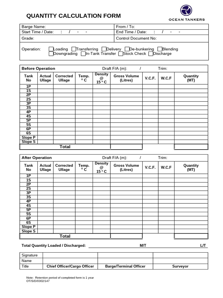 Barge Quantity Calculation Form | PDF