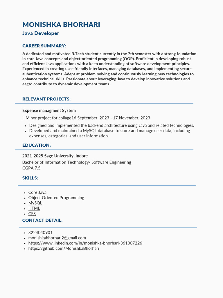 Java Developer Resume - Monishka Bhorhari | PDF
