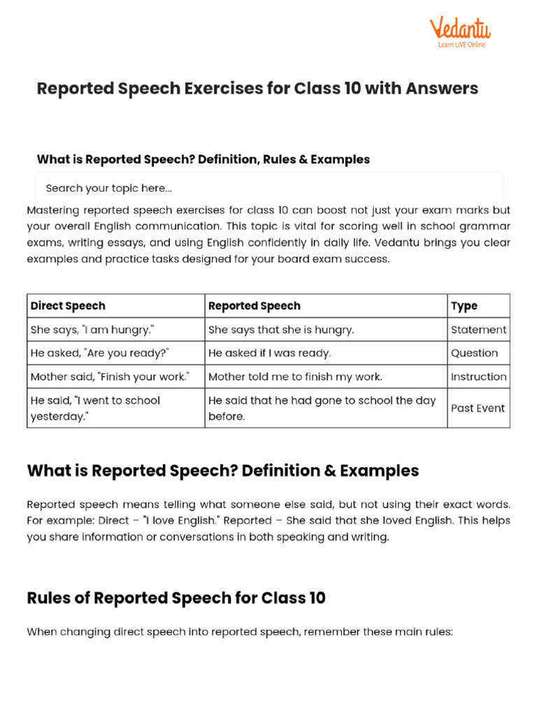 Reported Speech Exercises For Class 10 With Answers | PDF