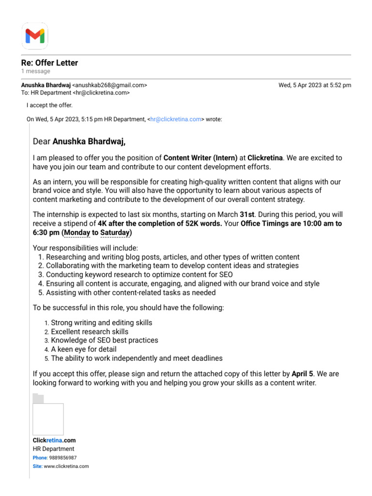 Gmail - Re - Offer Letter | PDF