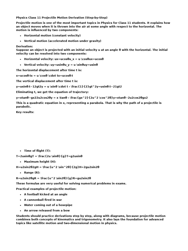 Class 11 Projectile Motion Derivation | PDF