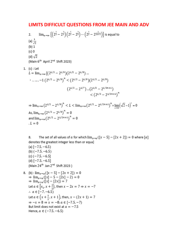 Limits Difficult Questions From Jee Main and Adv | PDF | Mathematics ...