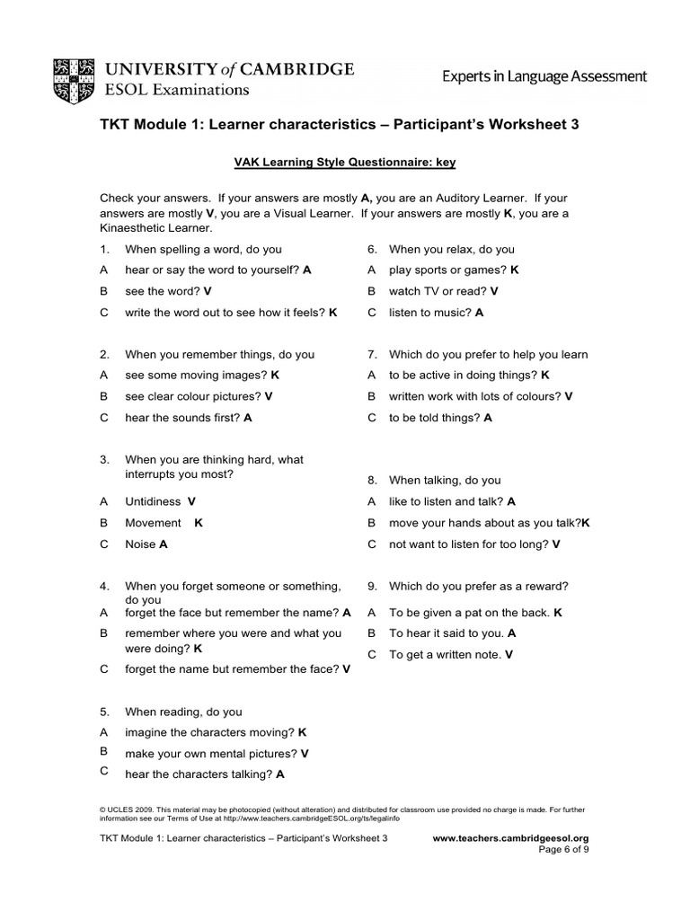 VAK Questionnaire Answers | PDF | Learning Styles