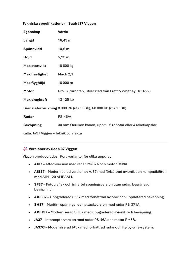 Faktablad J37 Viggen | PDF