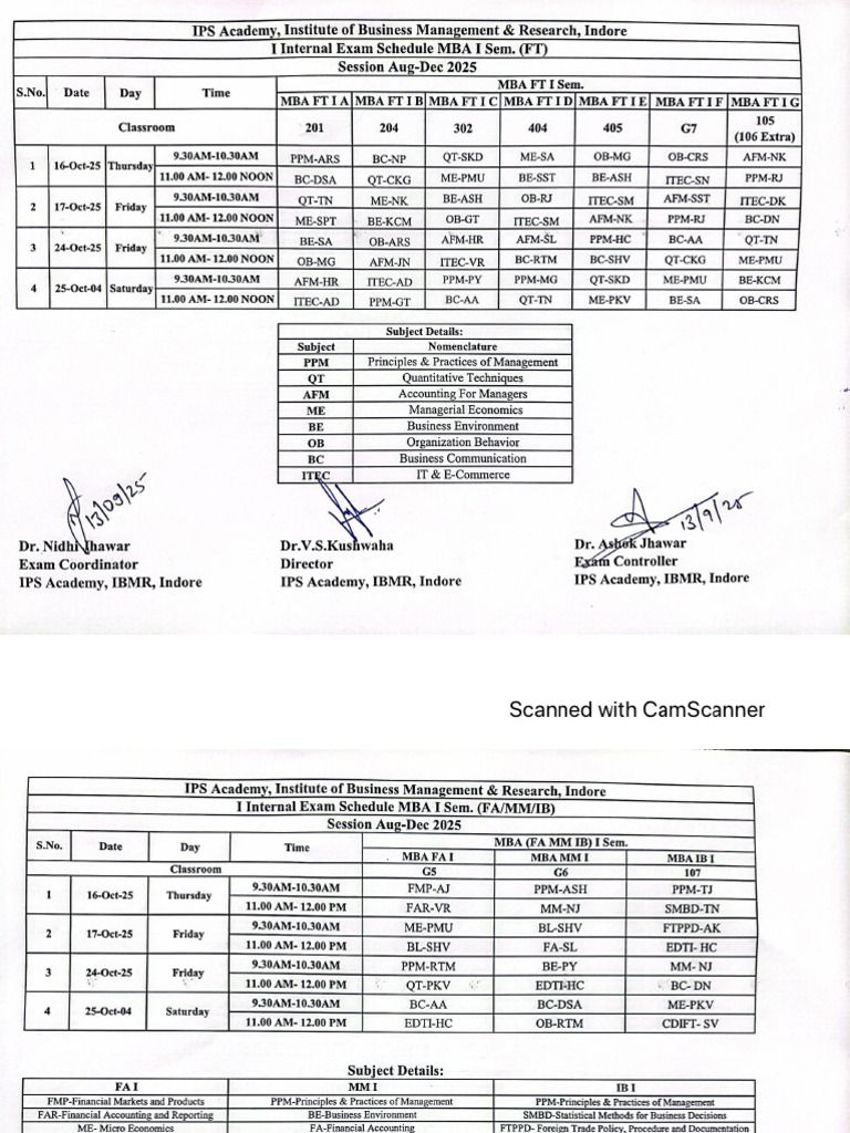 MBA I SEM 1 Internal Exam Time Table | PDF