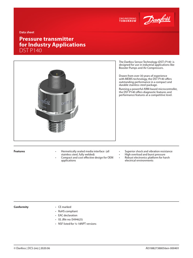 Danfoss DST 140 Pressure Transmitter | PDF | Electrical Connector | Stainless Steel