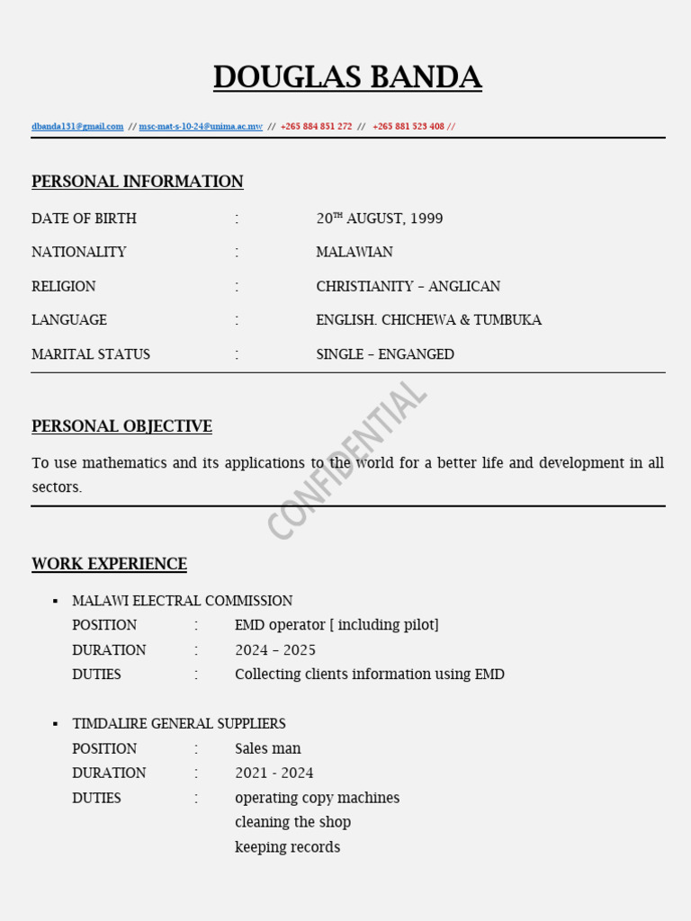 DOUGLAS BANDA CV | PDF | Malawi | Mathematics