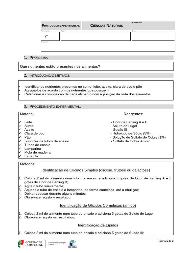 Nutrientes em Alimentos: Protocolo Experimental | PDF | Nutrientes ...