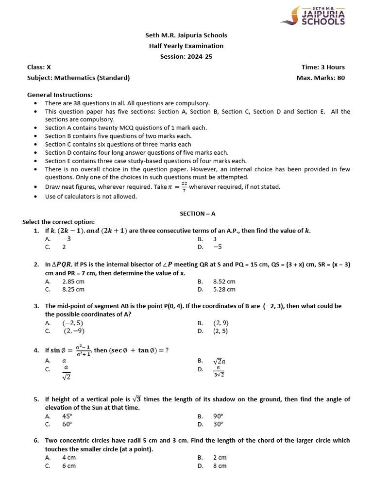 Class X Mathematics Half Yearly Exam 2024-25 | PDF | Circle | Area