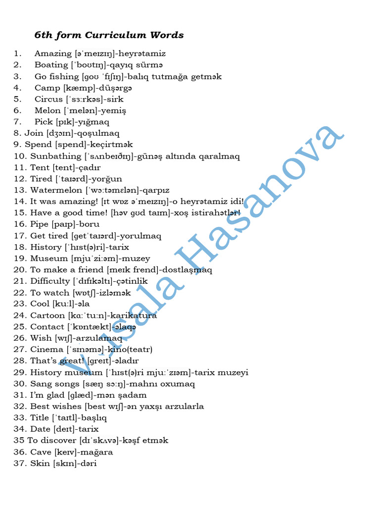 6th Form Curriculum Words Vusala Hasanova | PDF