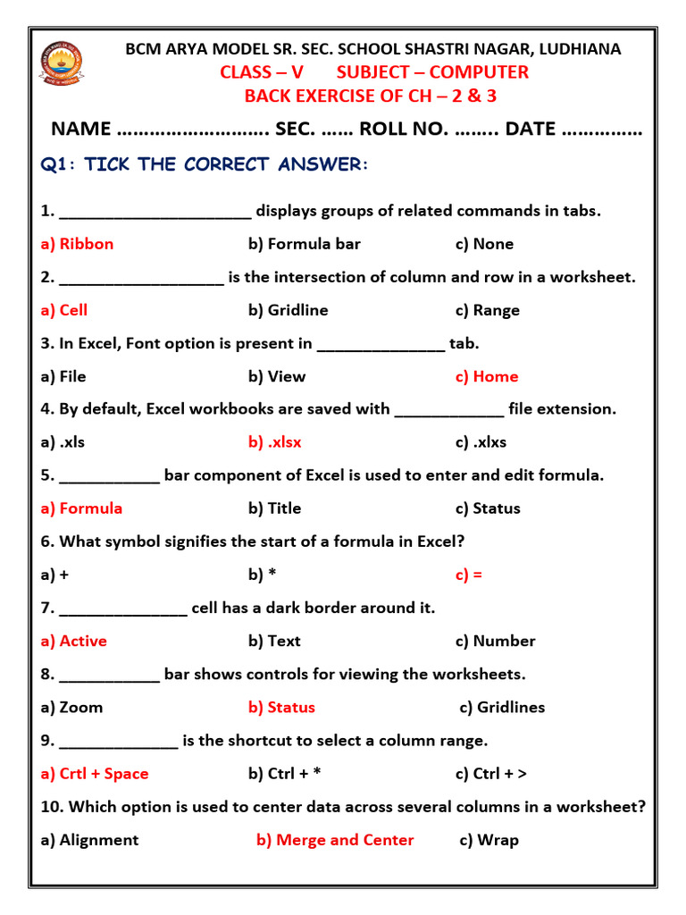 Computer Class V Back Exercise Answers | PDF | Microsoft Excel | Software