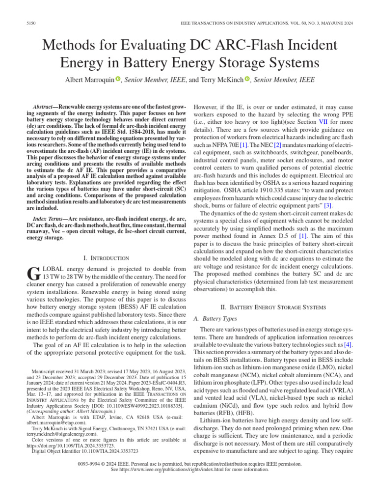 Methods For Evaluating DC ARC-Flash Incident Energy in Battery Energy Storage Systems | PDF ...
