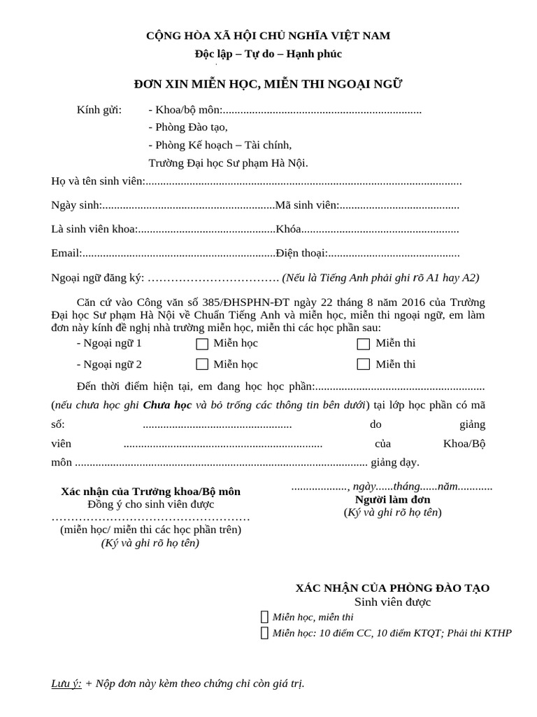 Mẫu Đơn Xin Miễn Học - Miễn Thi Môn Ngoại Ngữ - 1 | PDF