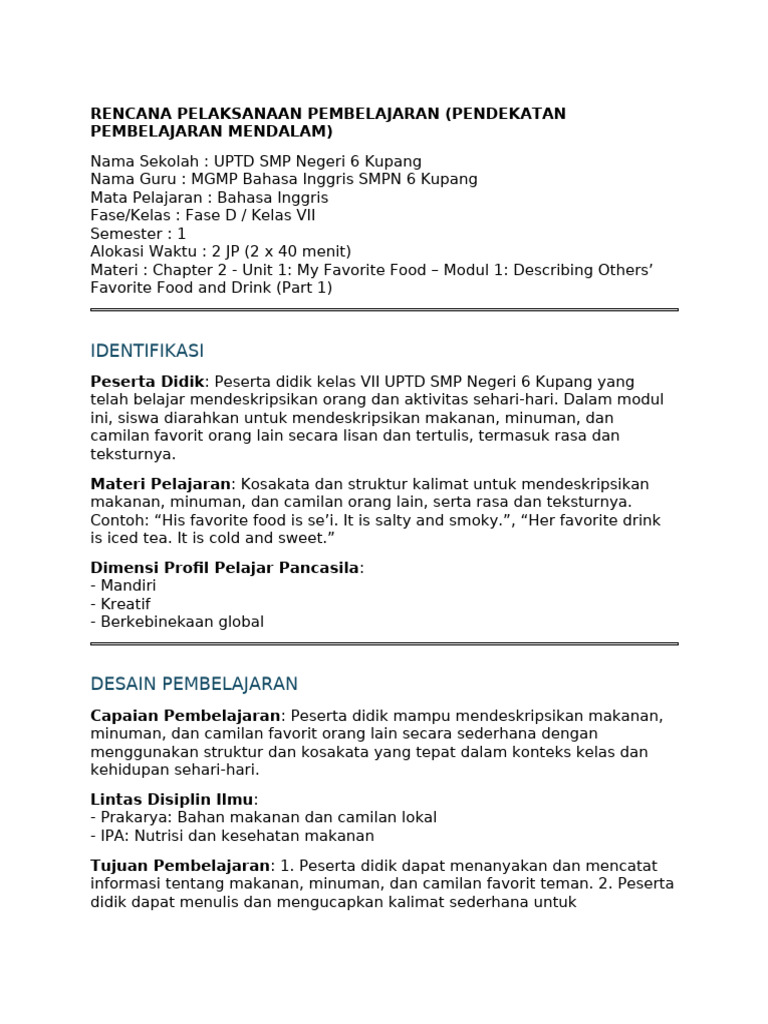 Chapter 2 - Unit 1 - My Favorite Food - Modul 1 - Describing Others' Favorite Food and Drink | PDF