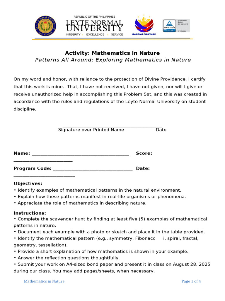 Mathematics in Nature Activity | PDF | Pattern | Mathematics