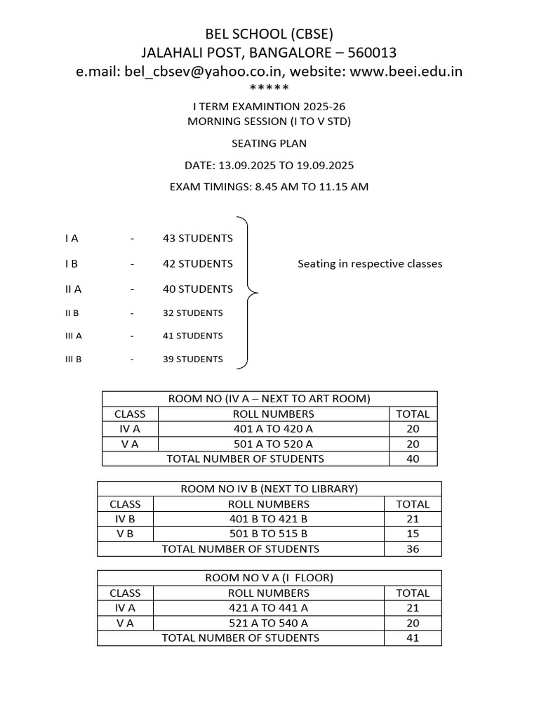 BEL School Exam Seating Plan 2025-26 | PDF