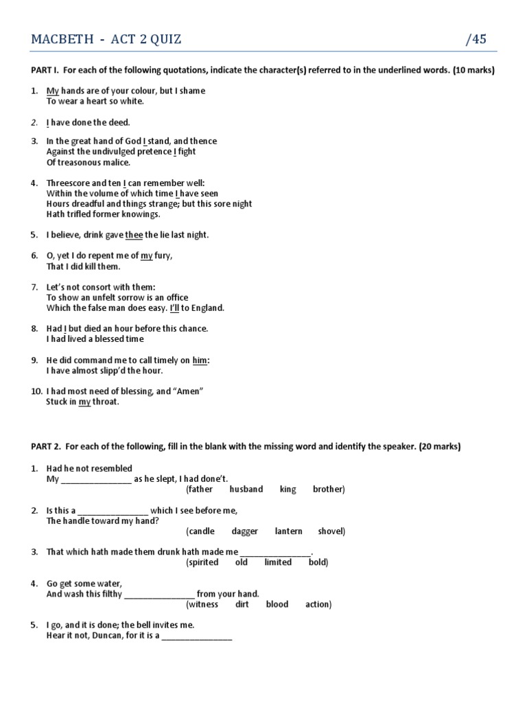 Act 2 Quiz | PDF | Macbeth | Shakespearean Tragedies