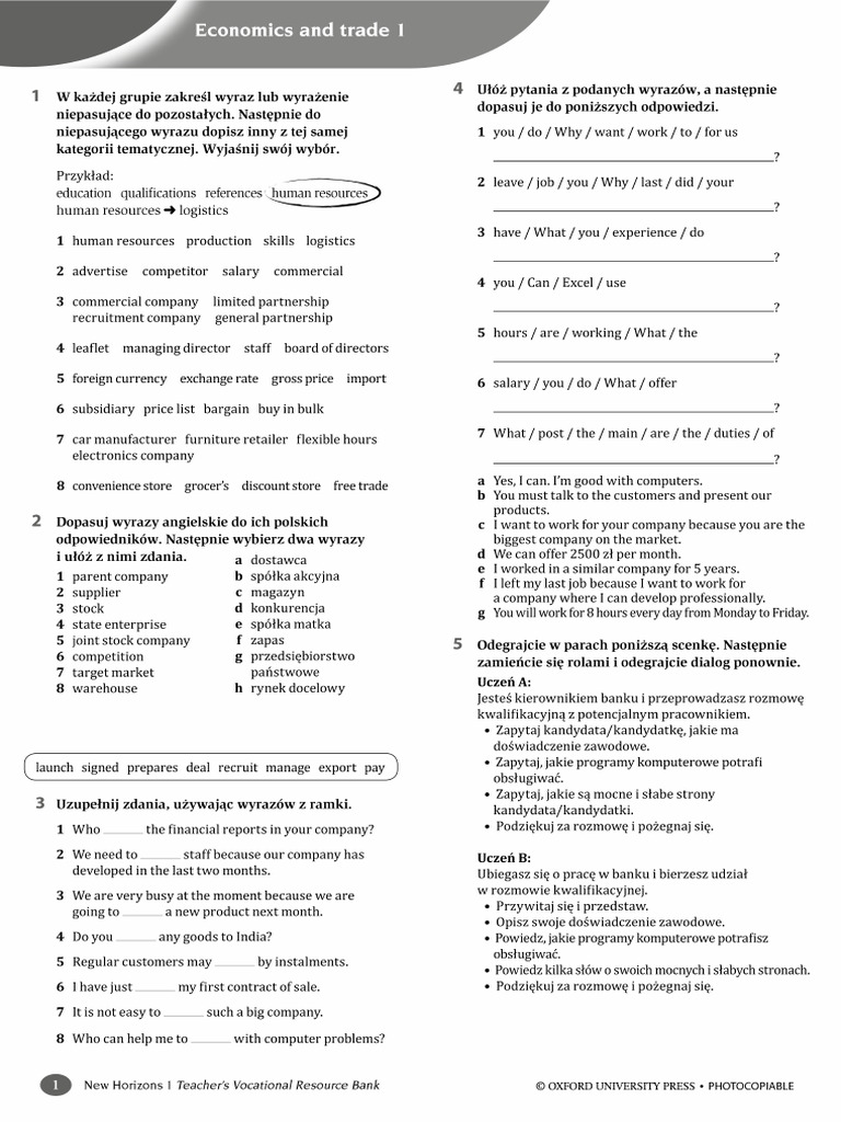 New Horizons 12 Economics and Trade Worksheets | PDF
