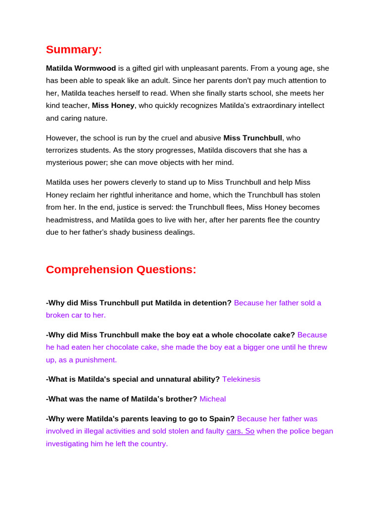Matilda Summary and Comprehension Questions | PDF