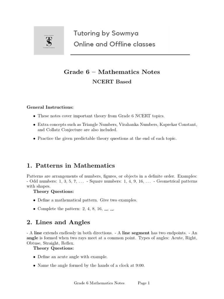 Grade 6 Maths Notes Overview | PDF | Number Theory | Geometry