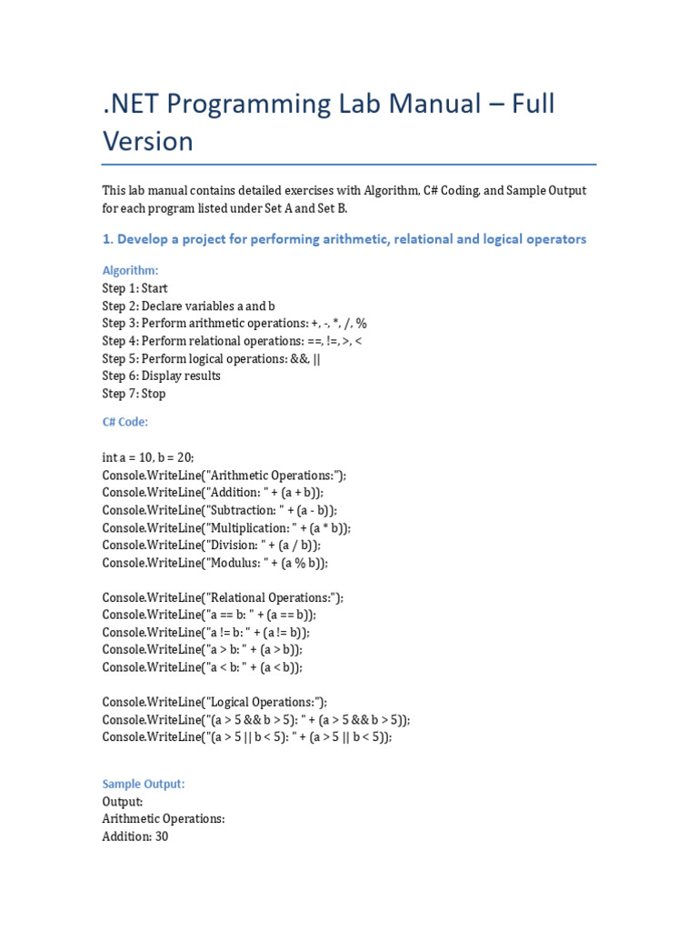 First PGM DotNet Programming Lab Manual Full Set | PDF