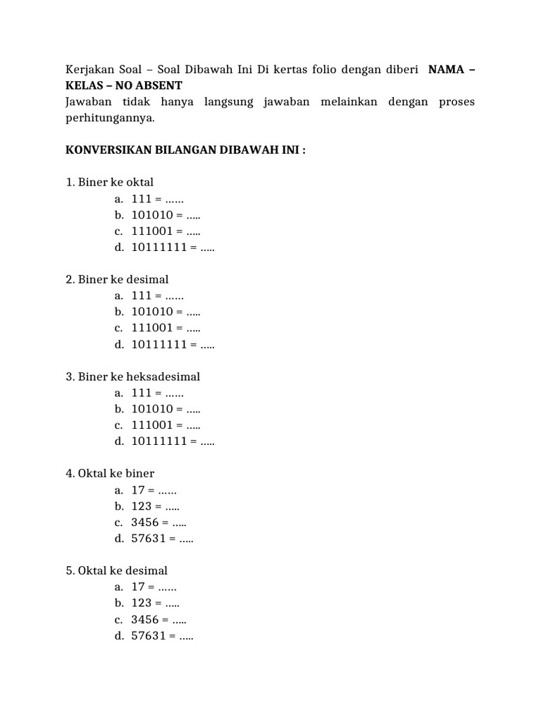 SOAL KONVERSI BILANGAN | PDF