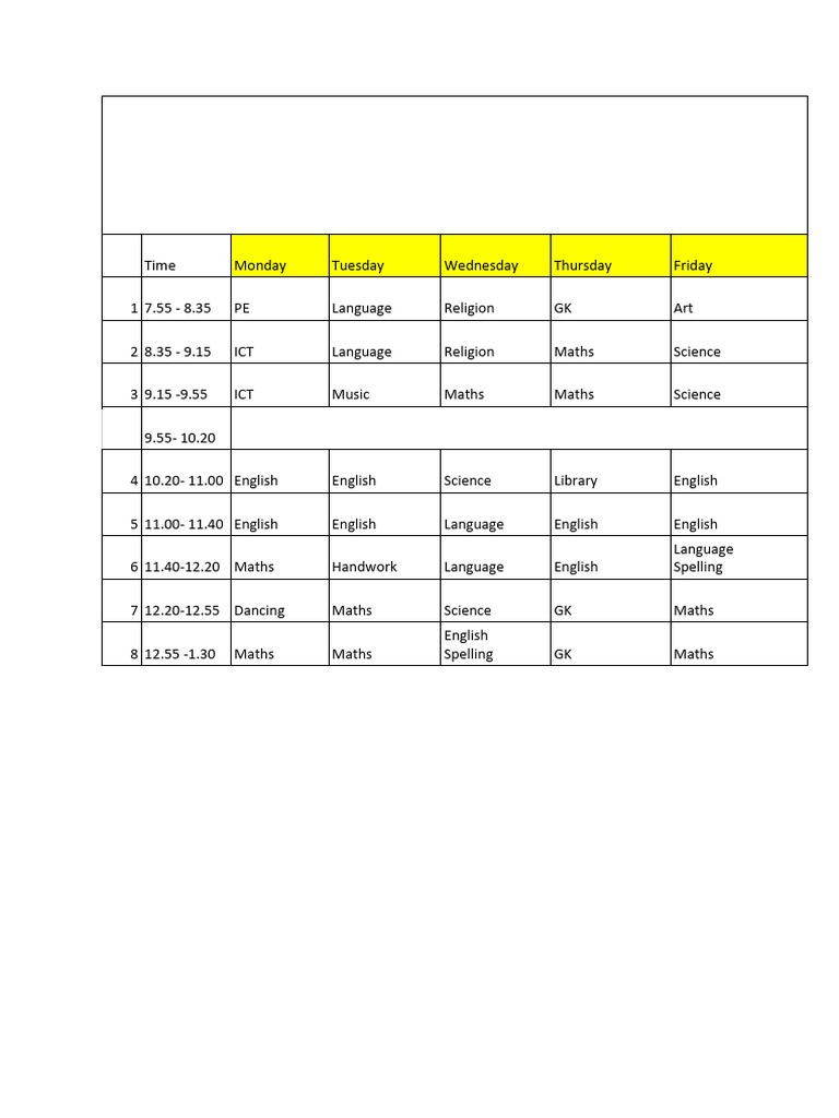 Grade 5A Class Timetable | PDF
