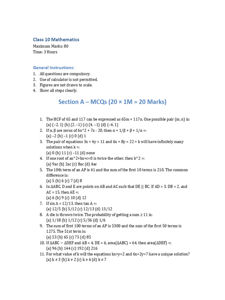 Class10 Mathematics Paper | PDF | Quadratic Equation | Zero Of A Function