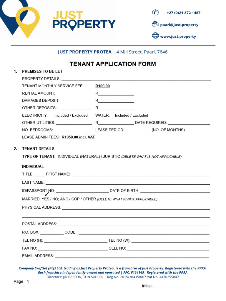 2025 Protea Paarl Tenant Application Form - Juristic Person | PDF | Fee ...