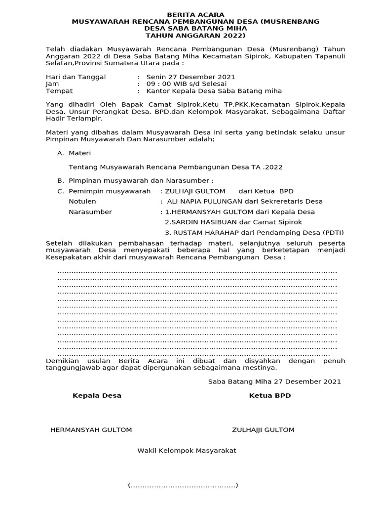 Musrenbang Desa Saba Batang Miha 2022 | PDF