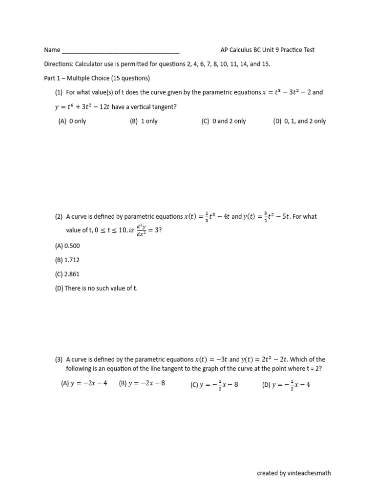AP Calculus BC Unit 9 Practice Test | PDF | Tangent | Velocity