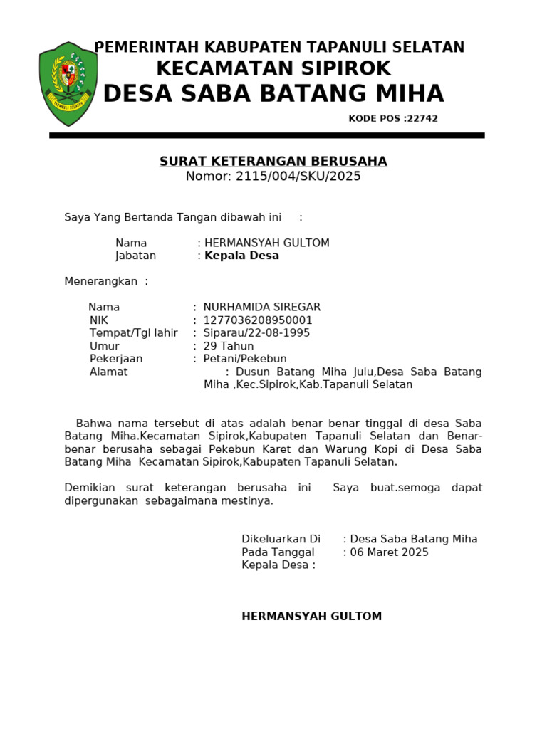 Surat Keterangan Usaha Pekebun Karet | PDF