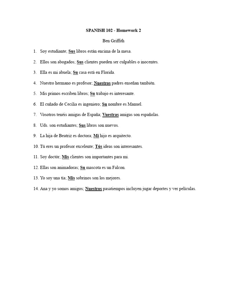 Spanish 102 - Homework 2 | PDF