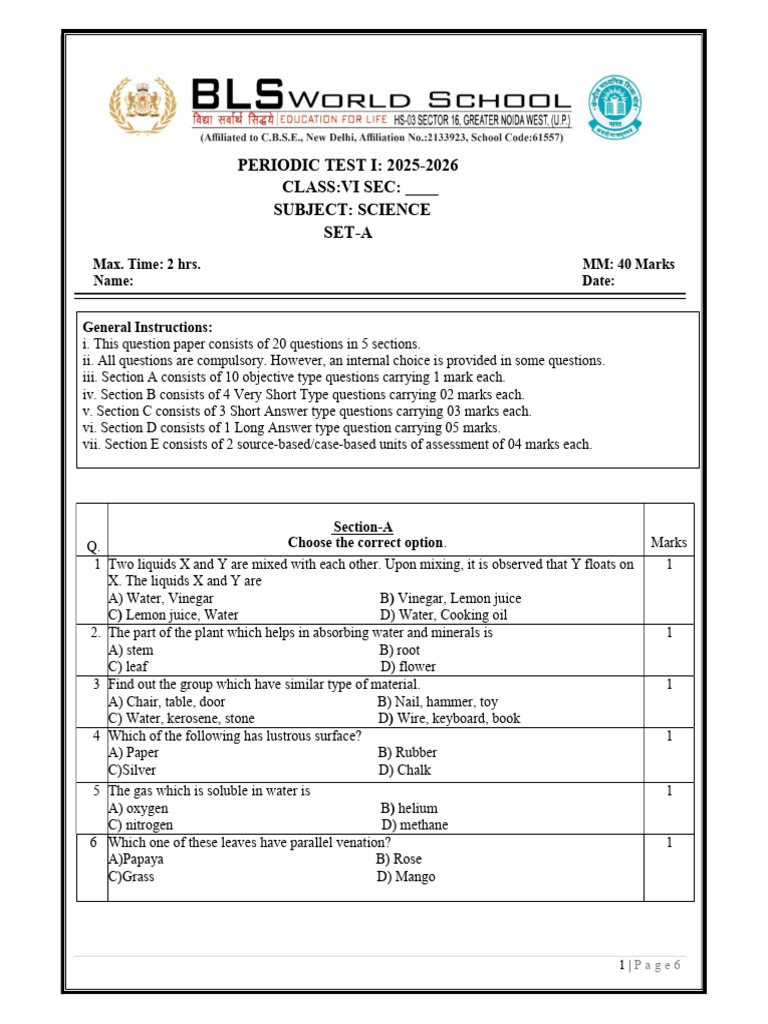 GR 6-Science-Set A - PT 1 | PDF | Plant Stem | Water
