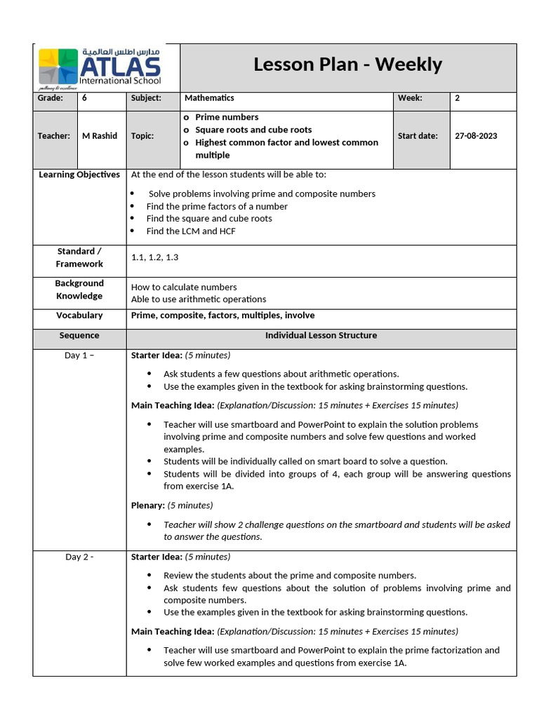 Lesson Plan Grade 6 Subject Math Week 2 | PDF | Brainstorming | Mathematics