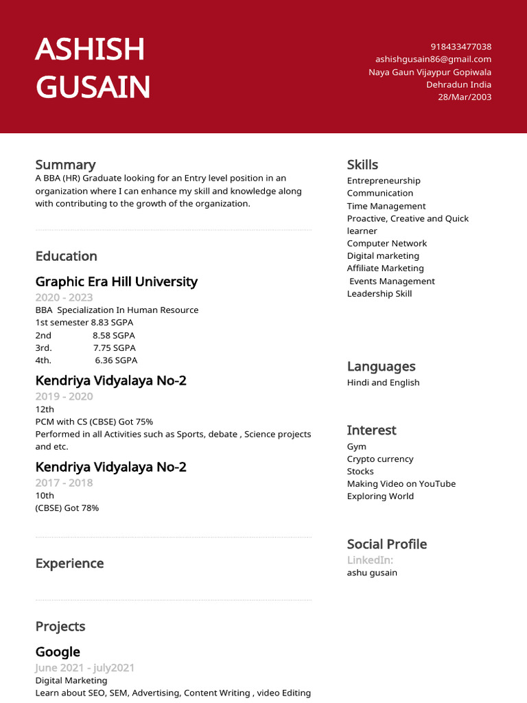 Ashish Gusain (Resume) - 1668575481 | PDF | Business Economics | Business