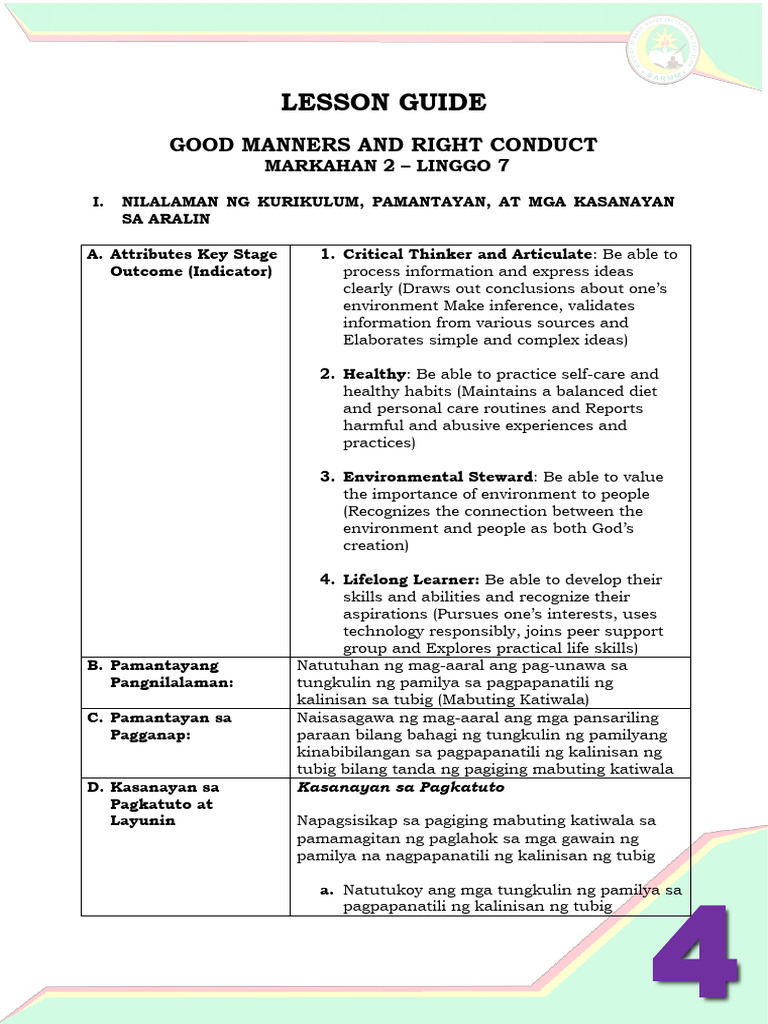 Lesson Guide: Good Manners and Right Conduct | PDF