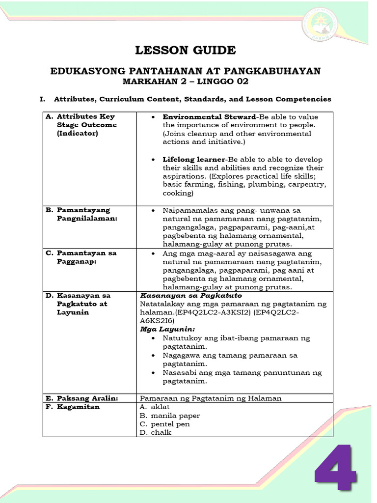 Lesson Guide: Edukasyong Pantahanan at Pangkabuhayan | PDF