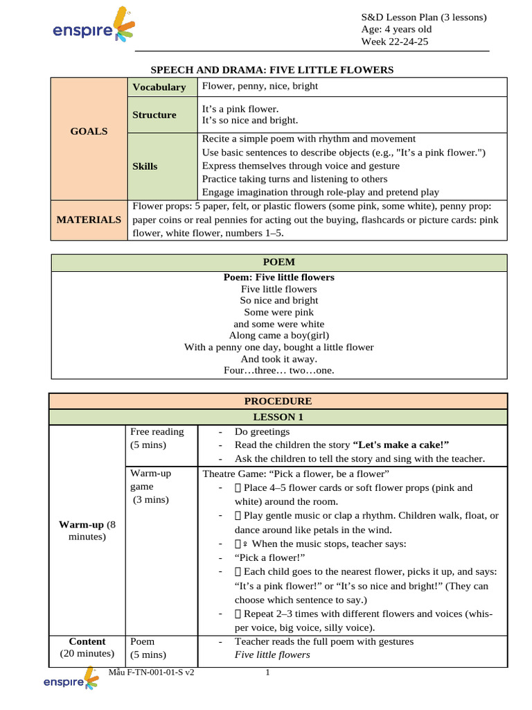 Speech and Drama Lesson Plan: Five Little Flowers | PDF