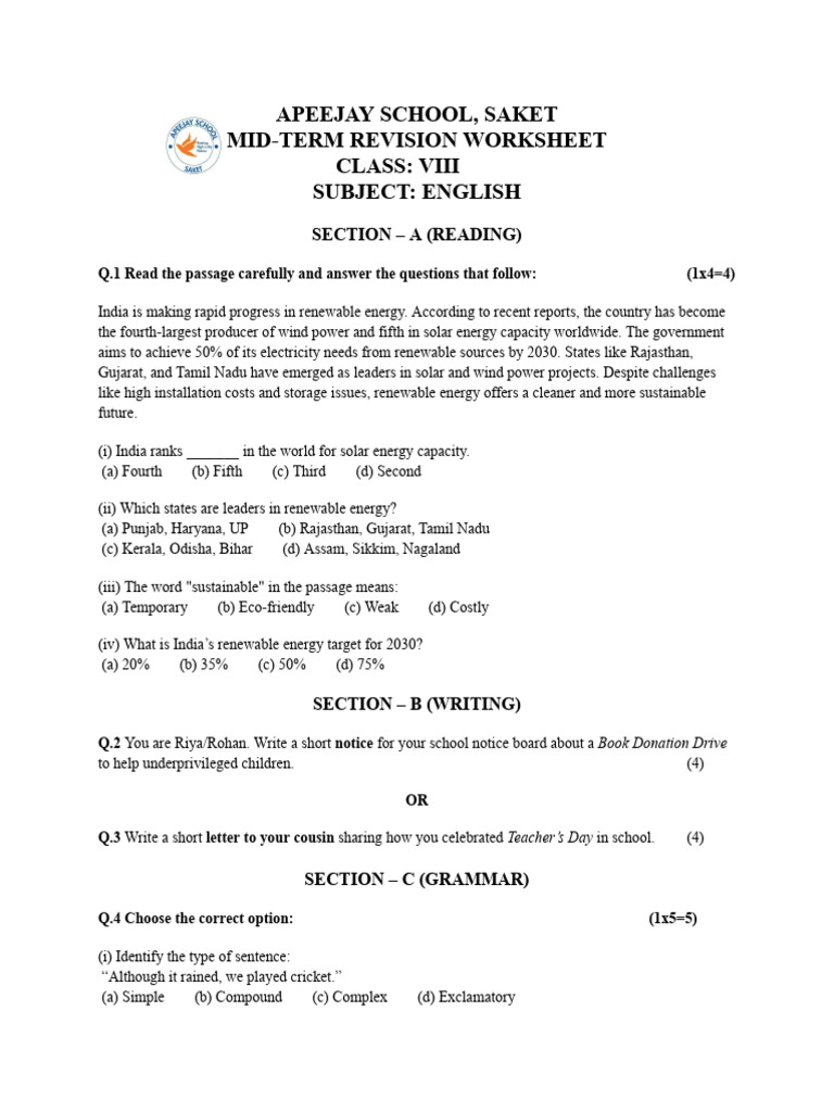 Class VIII English Mid-Term Worksheet | PDF | Linguistics | Language ...