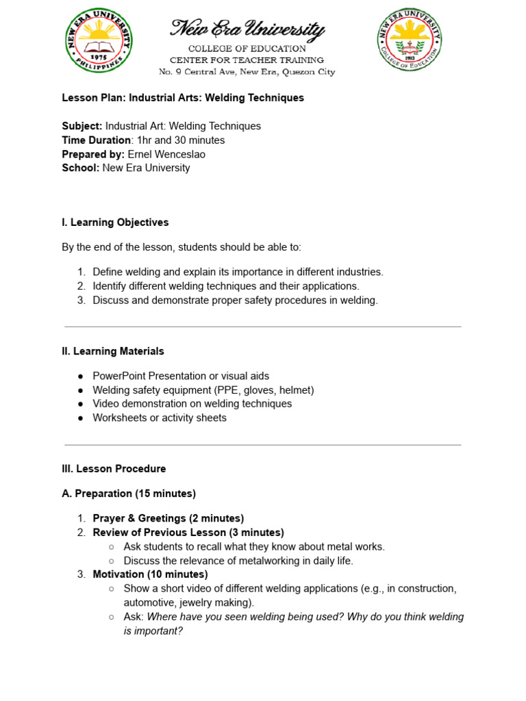 Welding Techniques Lesson Plan | PDF | Welding | Construction