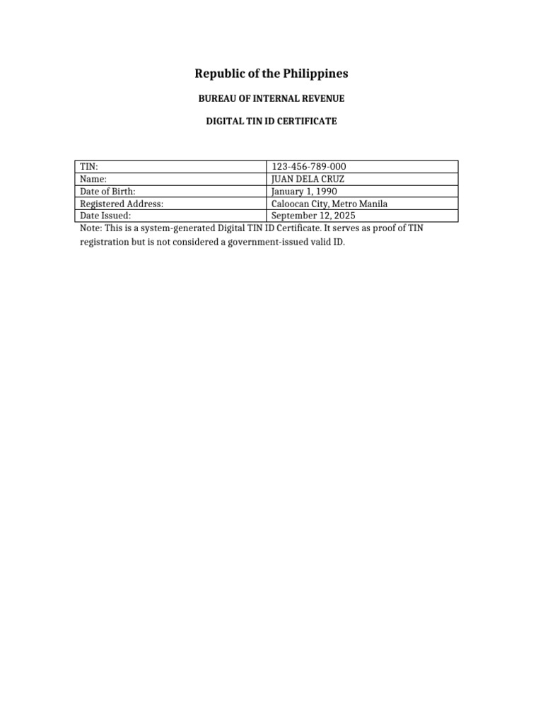 Digital TIN ID Certificate Sample | PDF