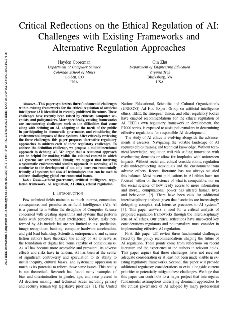 Critical Reflections On The Ethical Regulation of AI Challenges With ...