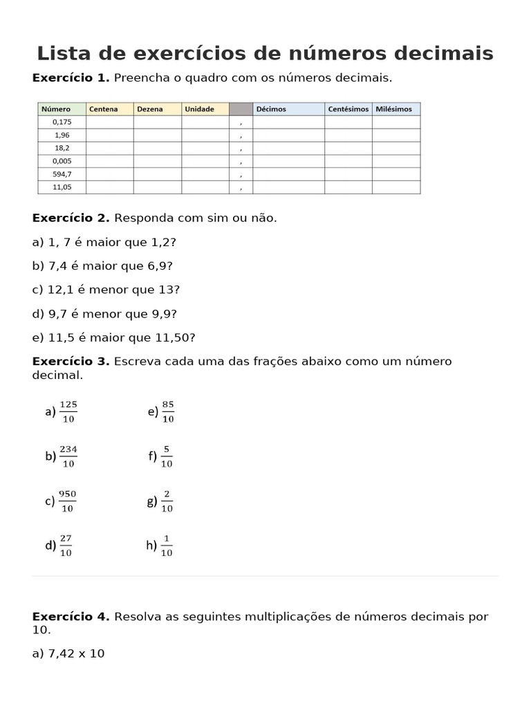 Exercícios de Números Decimais | PDF