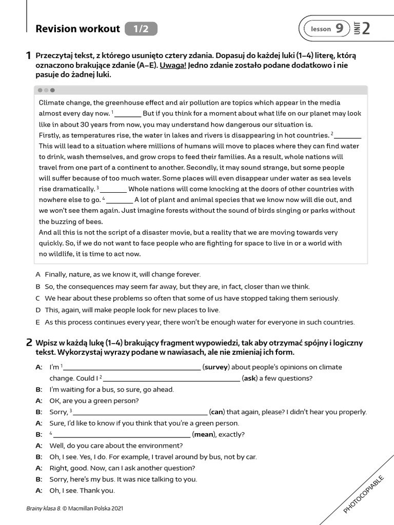 Brainy Klasa 8 TRF Unit 2 Lesson 9 | PDF | Water | Environmental Issues