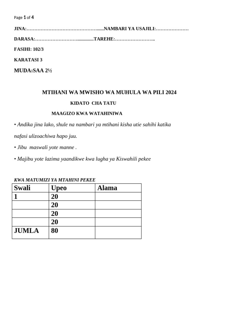 Kiswahili f3 Pp3 2024 Qs | PDF