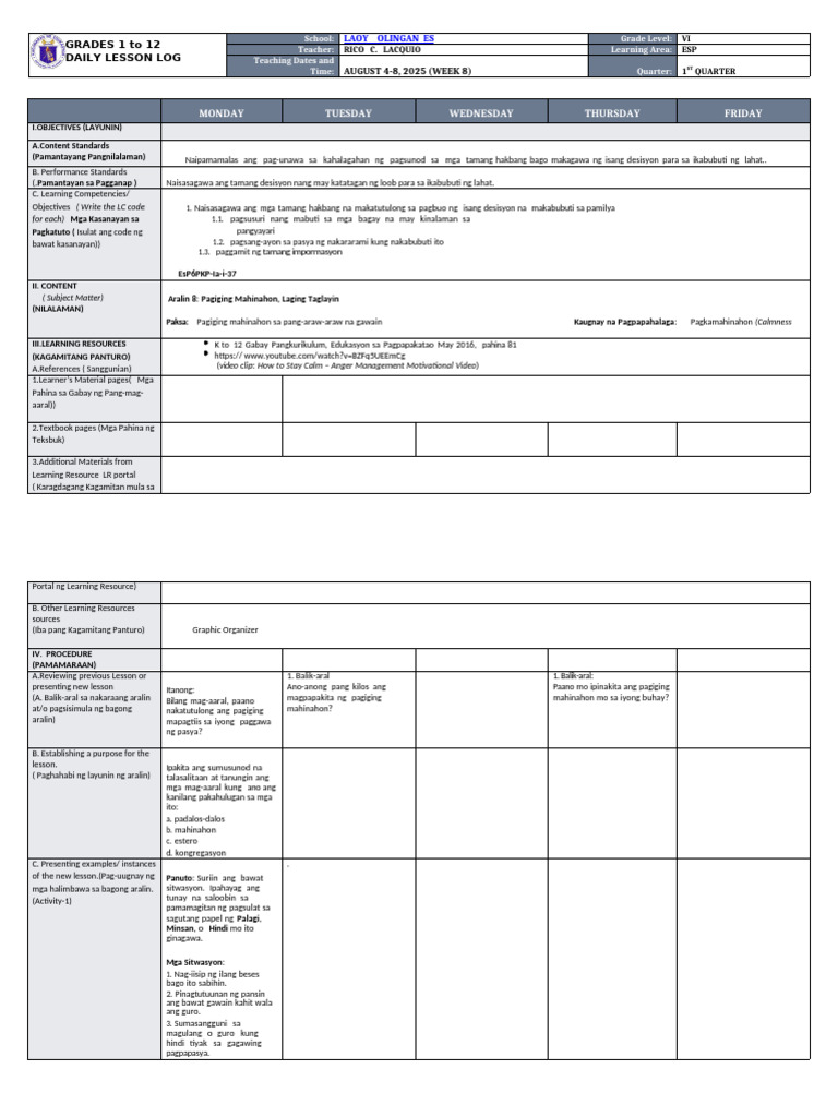 DLL - ESP 6 - Q1 - W8.docx - 0 | PDF
