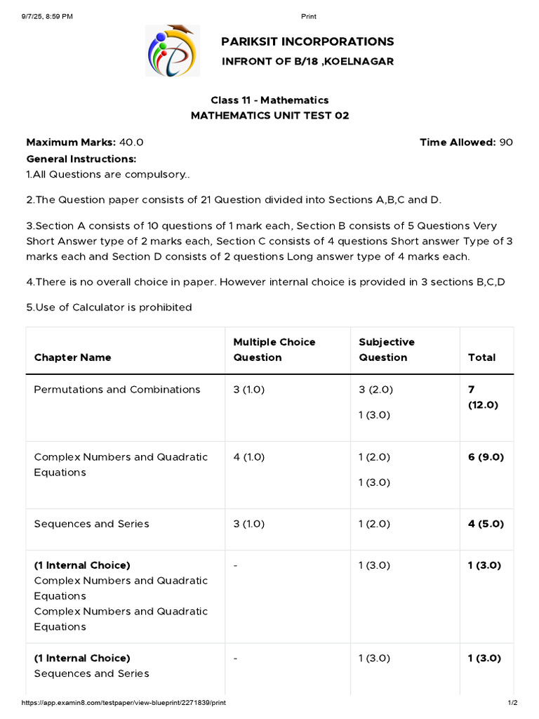 Class 11 Math Unit Test Blueprint | PDF | Quadratic Equation | Mathematics