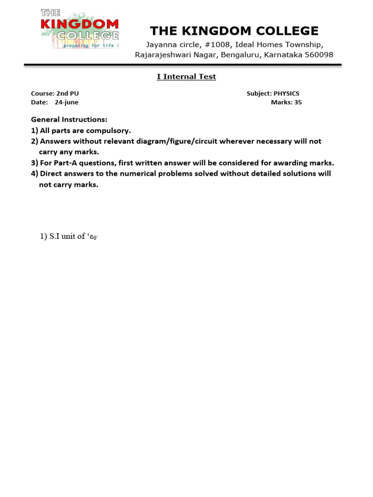 Phy QP - 2nd PU - 1st Internals-Jun 2025 | PDF | Electric Field | Dipole