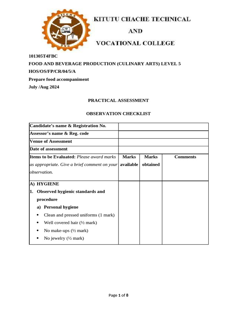 Culinary Arts Level 5 Assessment Checklist | PDF | Spaghetti | Eggplant